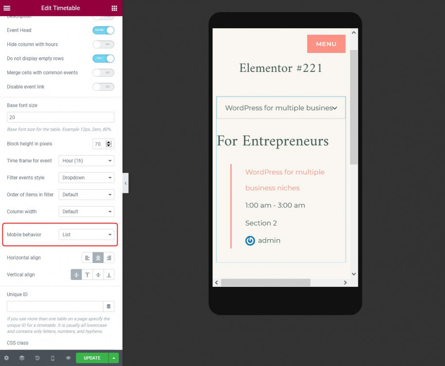 Free Elementor Timetable Widget for Events - MotoPress