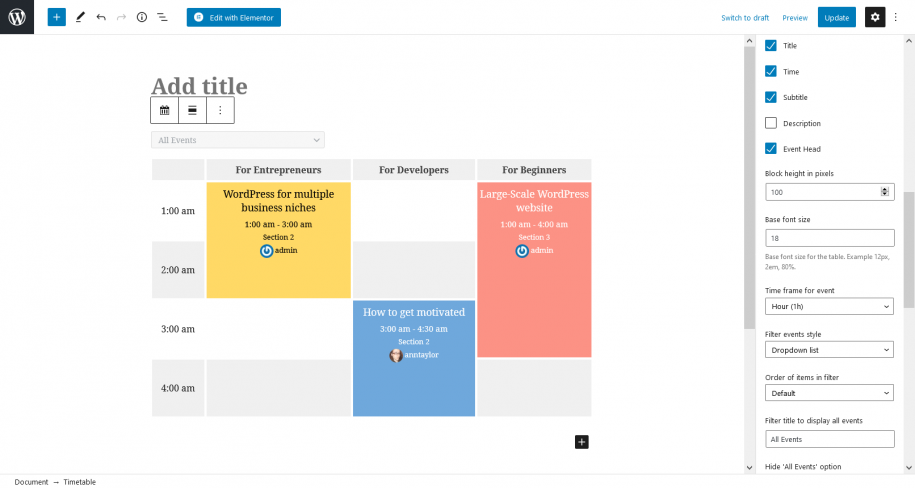Free Elementor Timetable Widget for Events - MotoPress