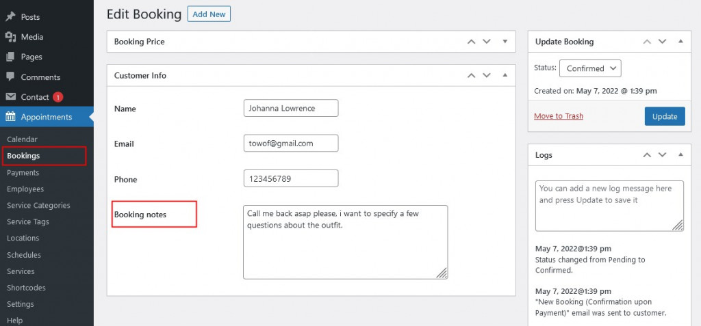 Client Notes - Appointment Booking 1.10.2 - MotoPress